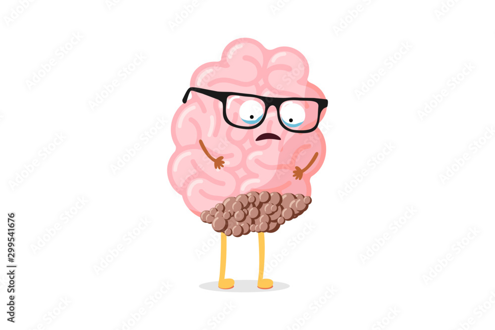 Cute cartoon sad human brain with cancer tumor. Sick suffering central ...