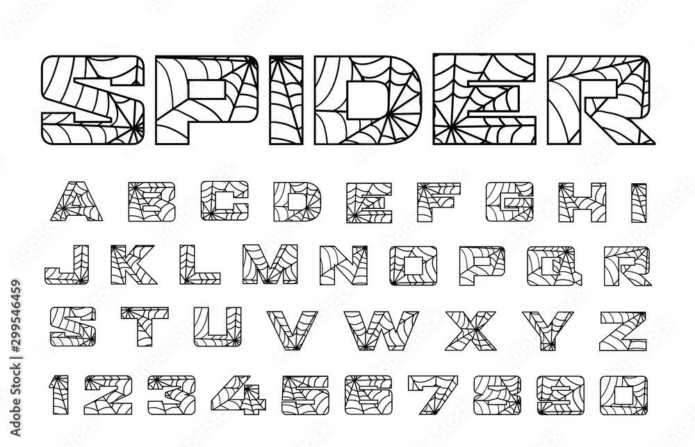 Spider font. Spiderman alphabet. Black letters on Red background. Stock ...