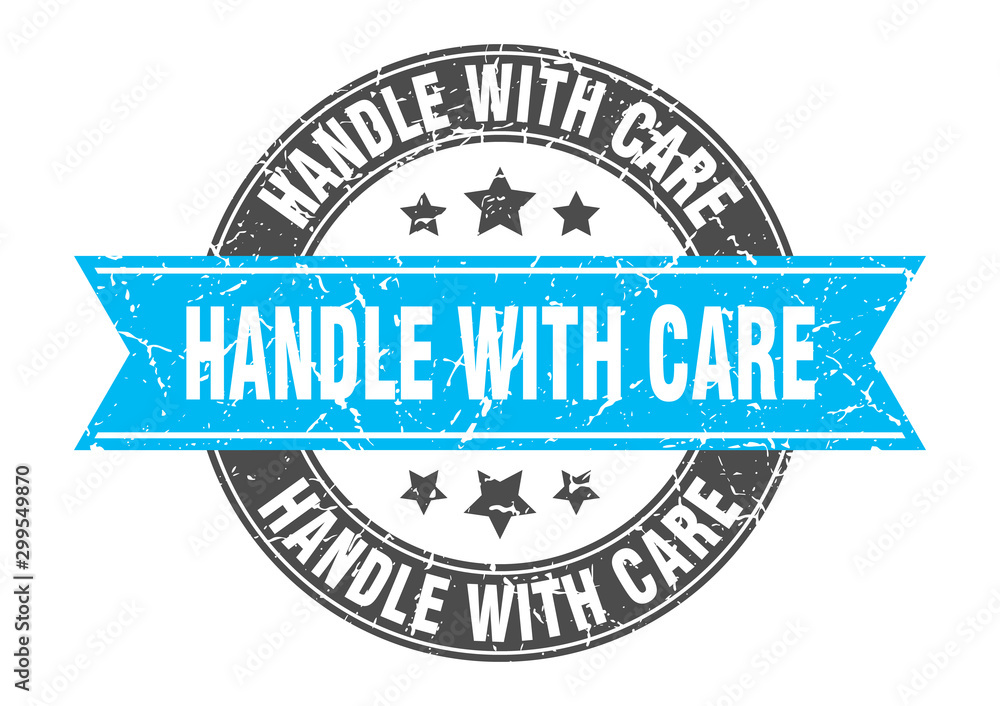 handle with care round stamp with turquoise ribbon. handle with care ...