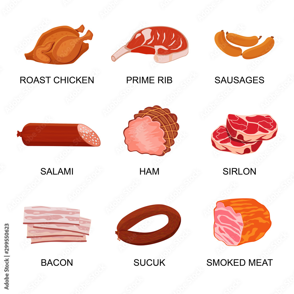 Set of meat products. Roast chicken and prime rib, sausage, salami and ...