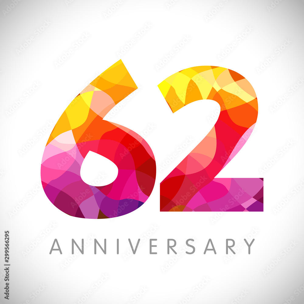 62 nd anniversary numbers. 62 years old yellow coloured logotype. Age ...