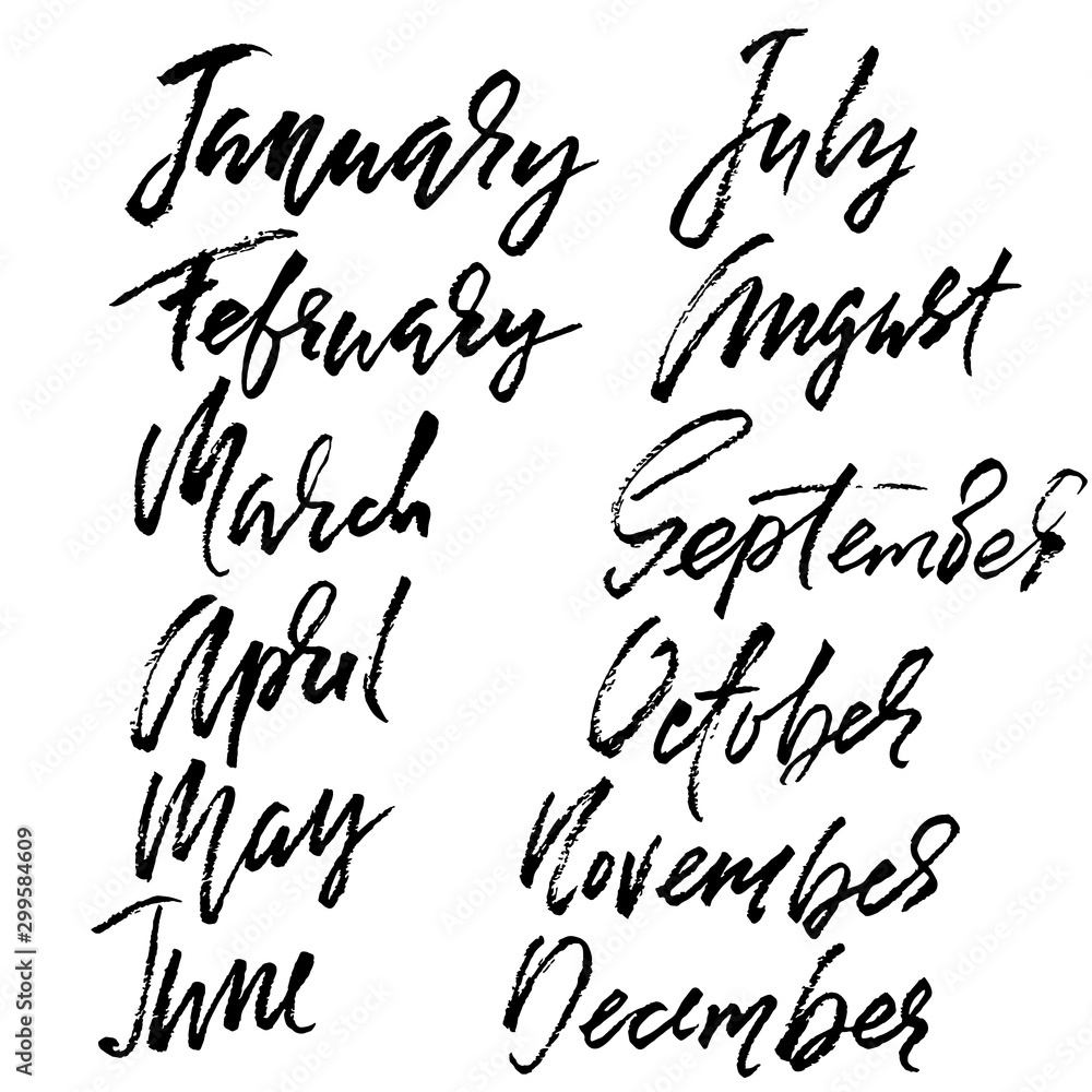 Hand drawn set of months. Modern dry brush lettering. Names of the ...