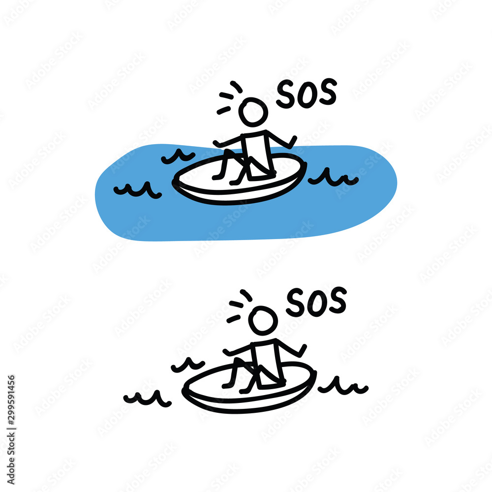SOS life raft stick figure vector illustration. Hand drawn ...