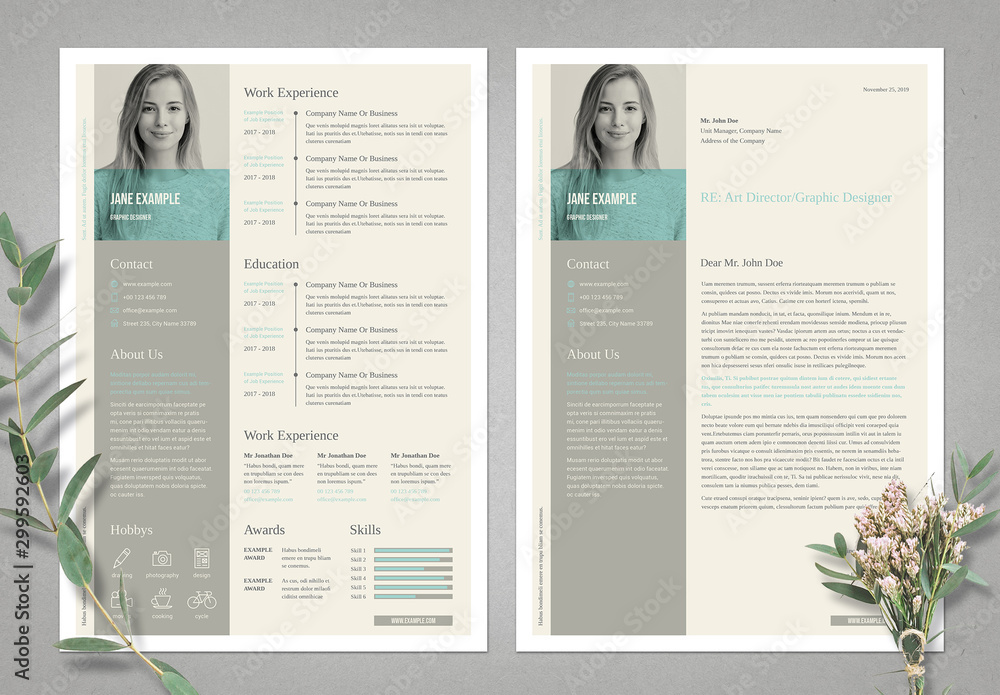 Light Beige Resume and CV Layout Set with Pale Cyan Accents Stock ...
