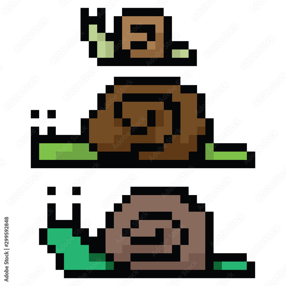 Stockvector Cute 8 bit three green snails vector illustration. Garden ...