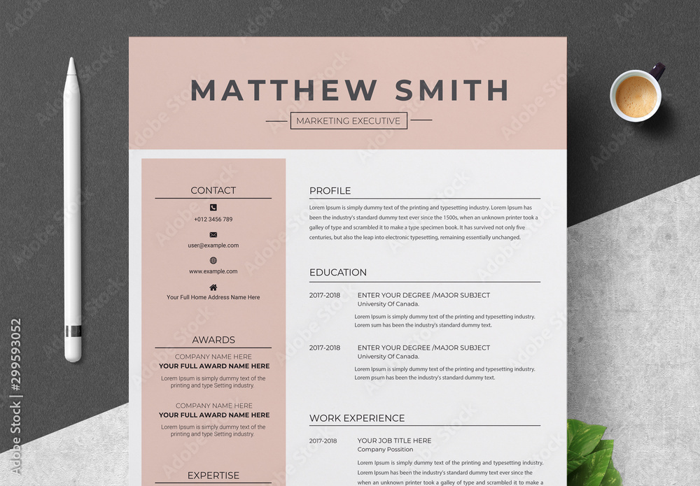 Pink Resume Layout with Cover Letter Stock Template | Adobe Stock