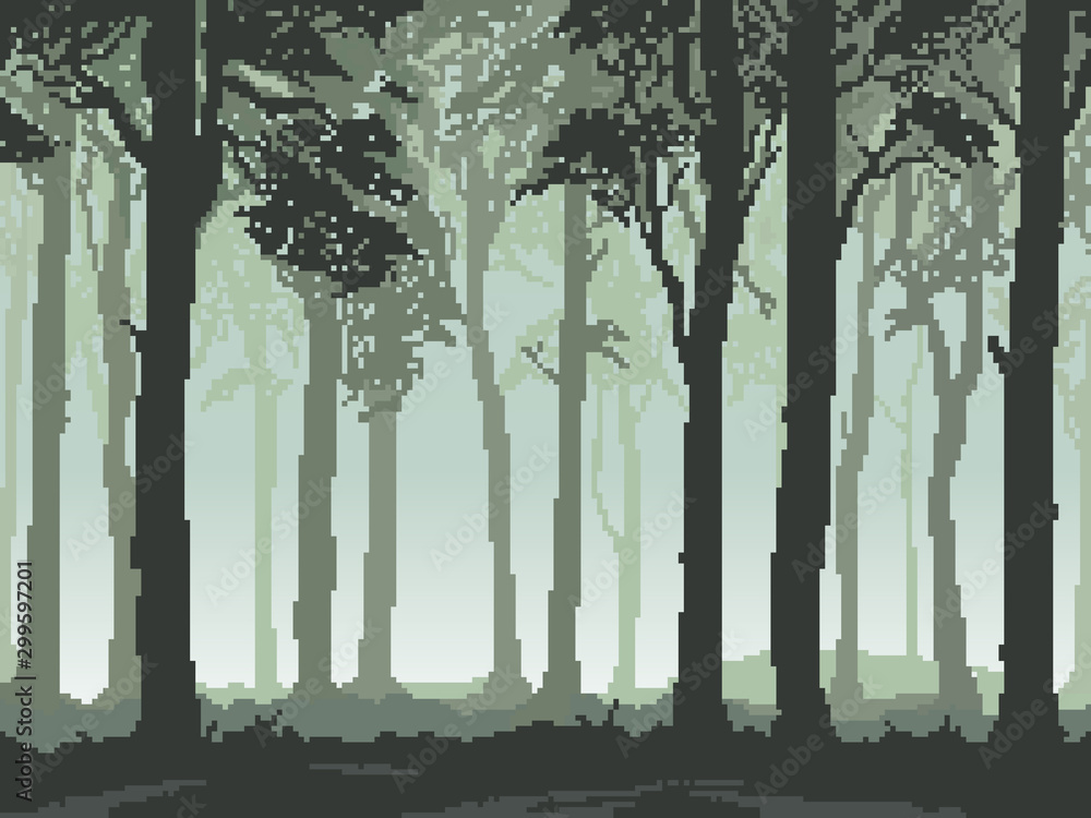 Vecteur Stock Pixel background with forest for games and mobile ...