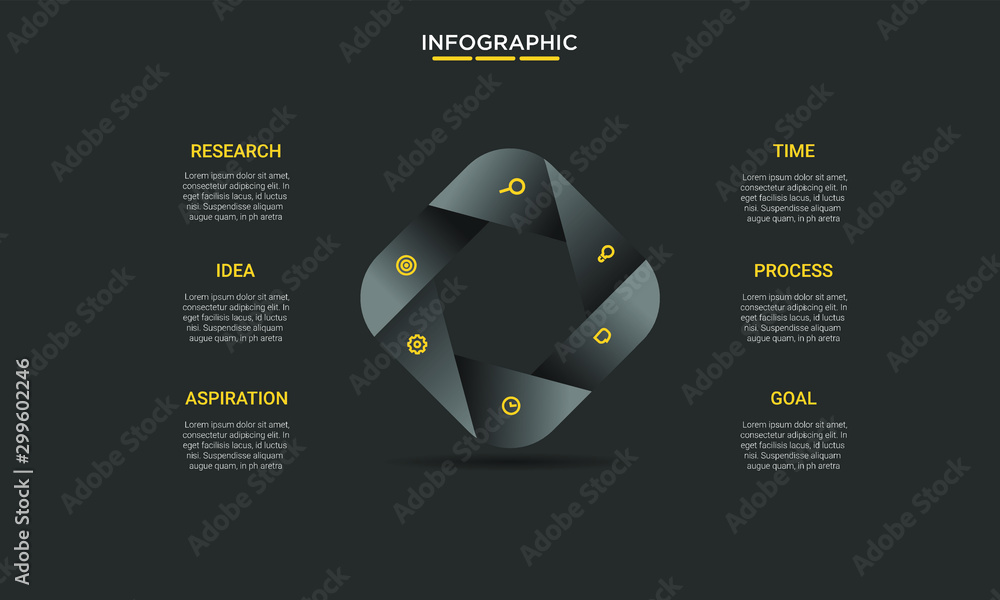 six hexagon black yellow options process chart slide template. Business ...