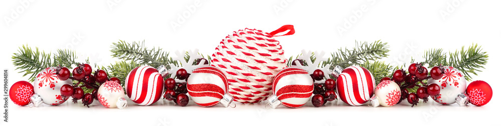 Christmas border of red and white ornaments and branches. Side view ...