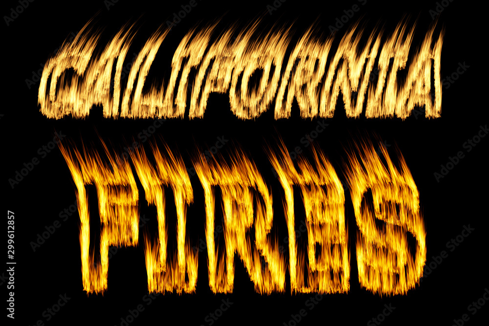California fires usa state title lettering in flame isolated on black ...