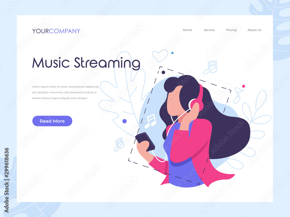 Music Streaming woman listening music on headphone flat vector ...