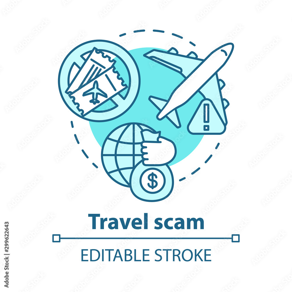 Travel scam concept icon. Journey dangers. Fake tourist tour winning ...