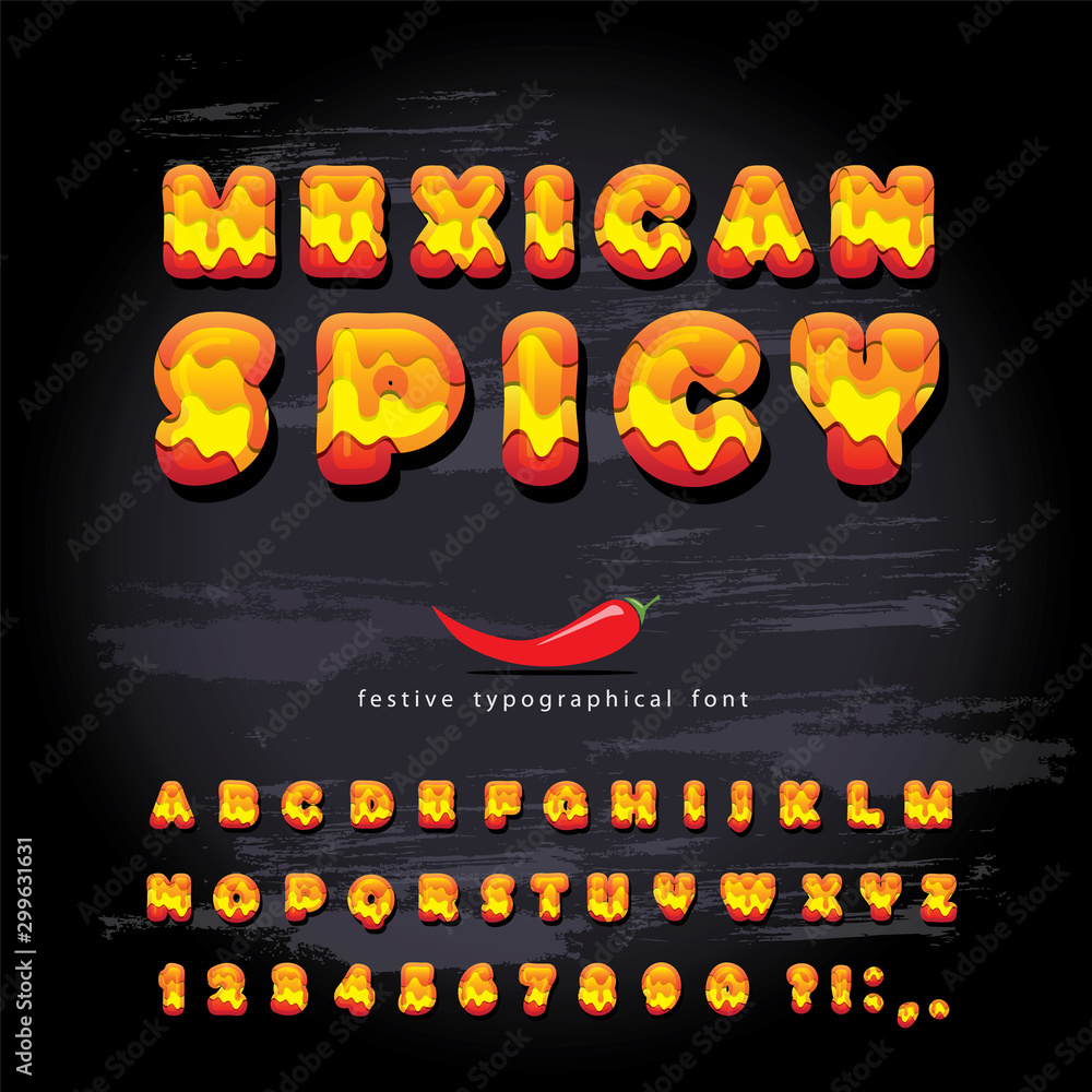 Mexican spicy cartoon font. Hot chili pepper burn decorative letters ...