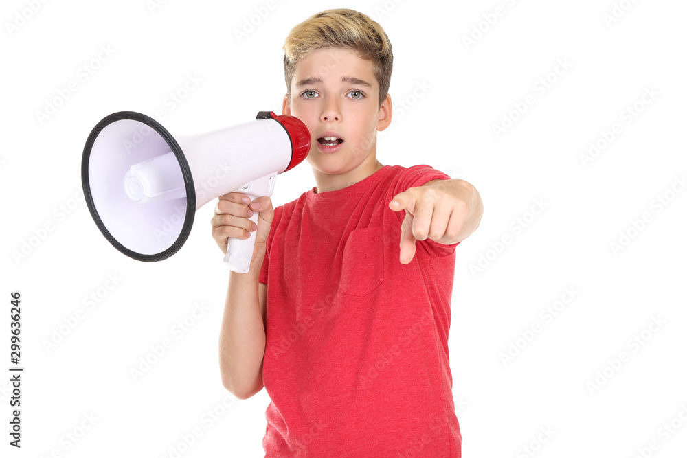 Young boy with megaphone isolated on white background Stock Photo ...