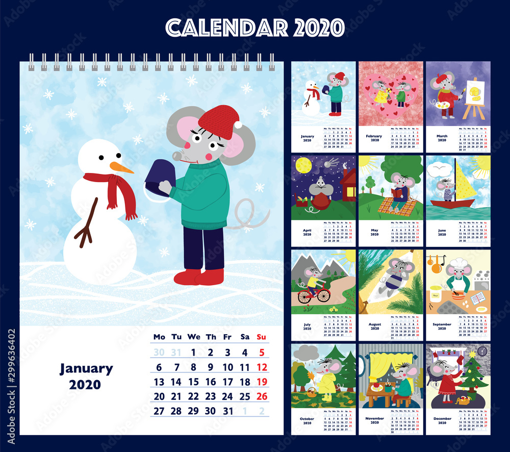 Children calendar 2020 for whole year, with main hero rat or mouse, a ...