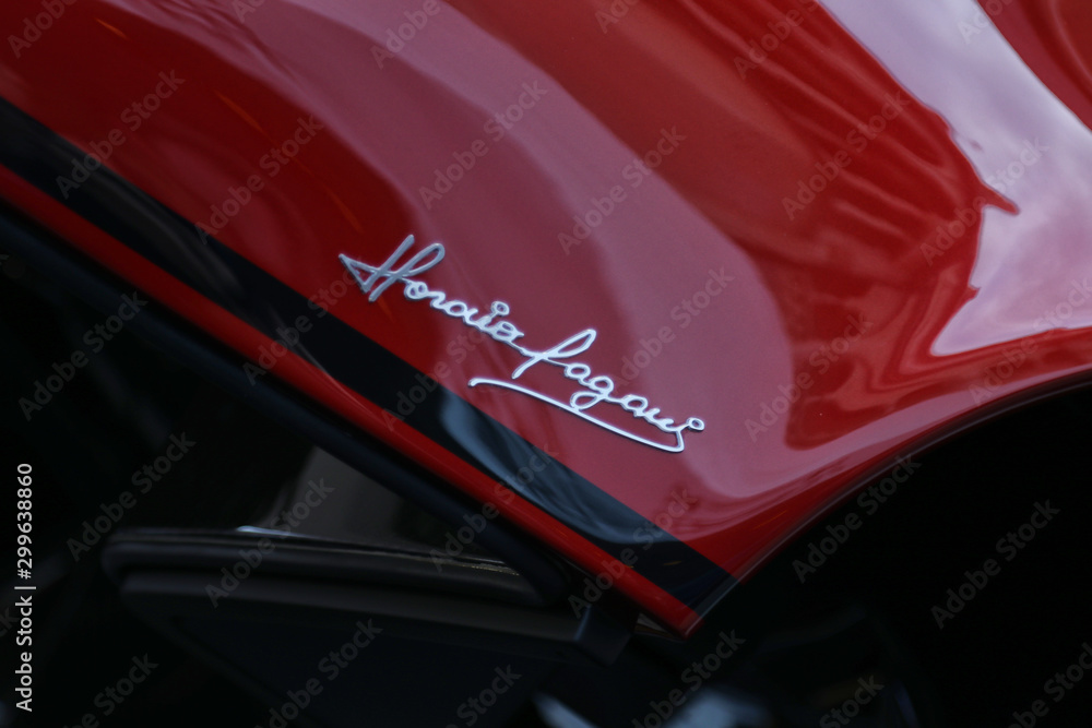 Pagani brand and signature on the hypercar spider, italian design Stock ...