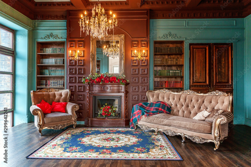 Luxury classic interior of home library. Sitting room with bookshelf ...