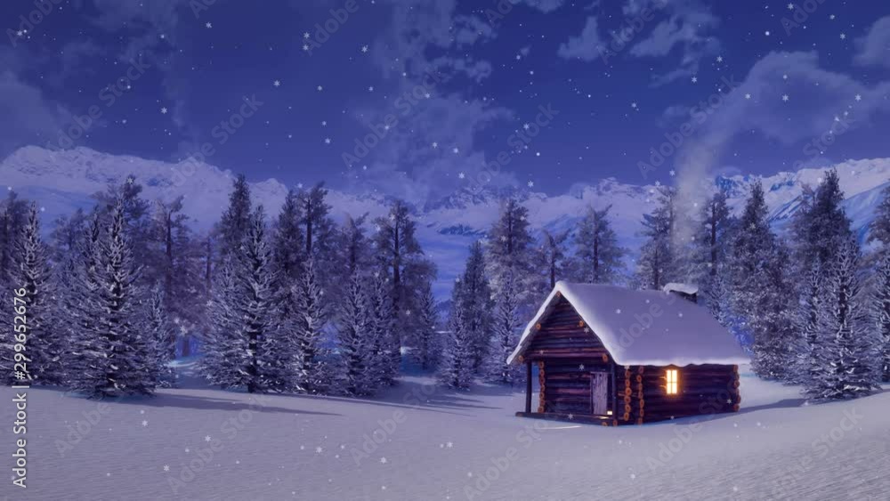 Solitary snowbound log cabin with smoking chimney and lighted window ...