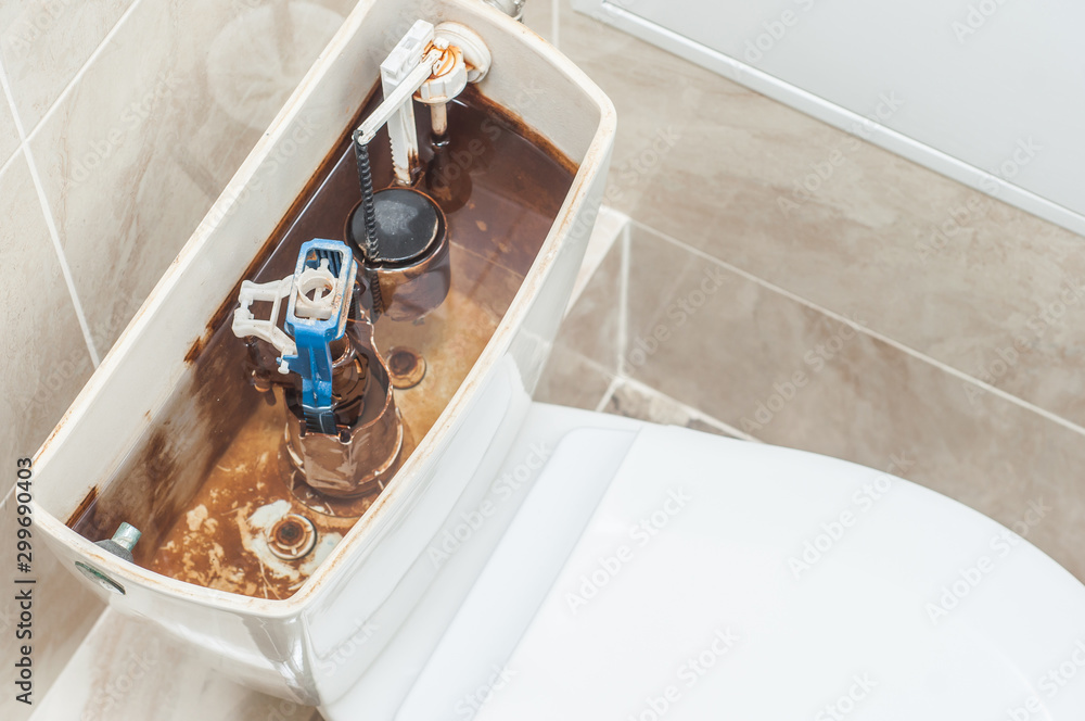 full toilet storage tank. Open mechanism. Float valve. Scale on the ...