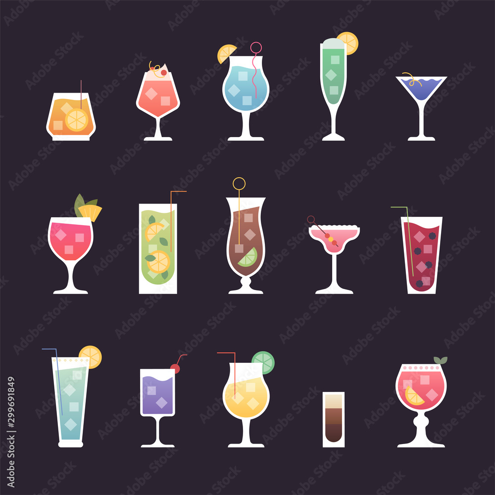 Cocktails in different shape glasses. vector design illustrations ...