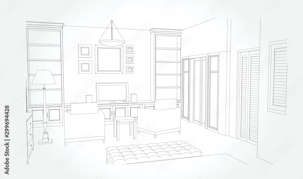 Linear sketch of an interior. Sketch Line bed room . Vector ...