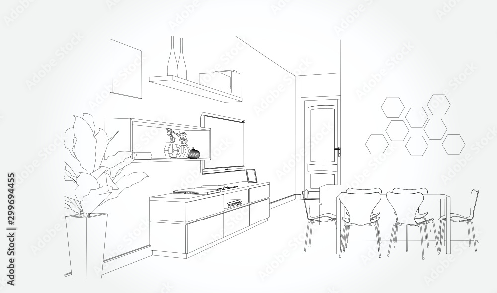 Linear sketch of an interior. Sketch Line bed room . Vector ...