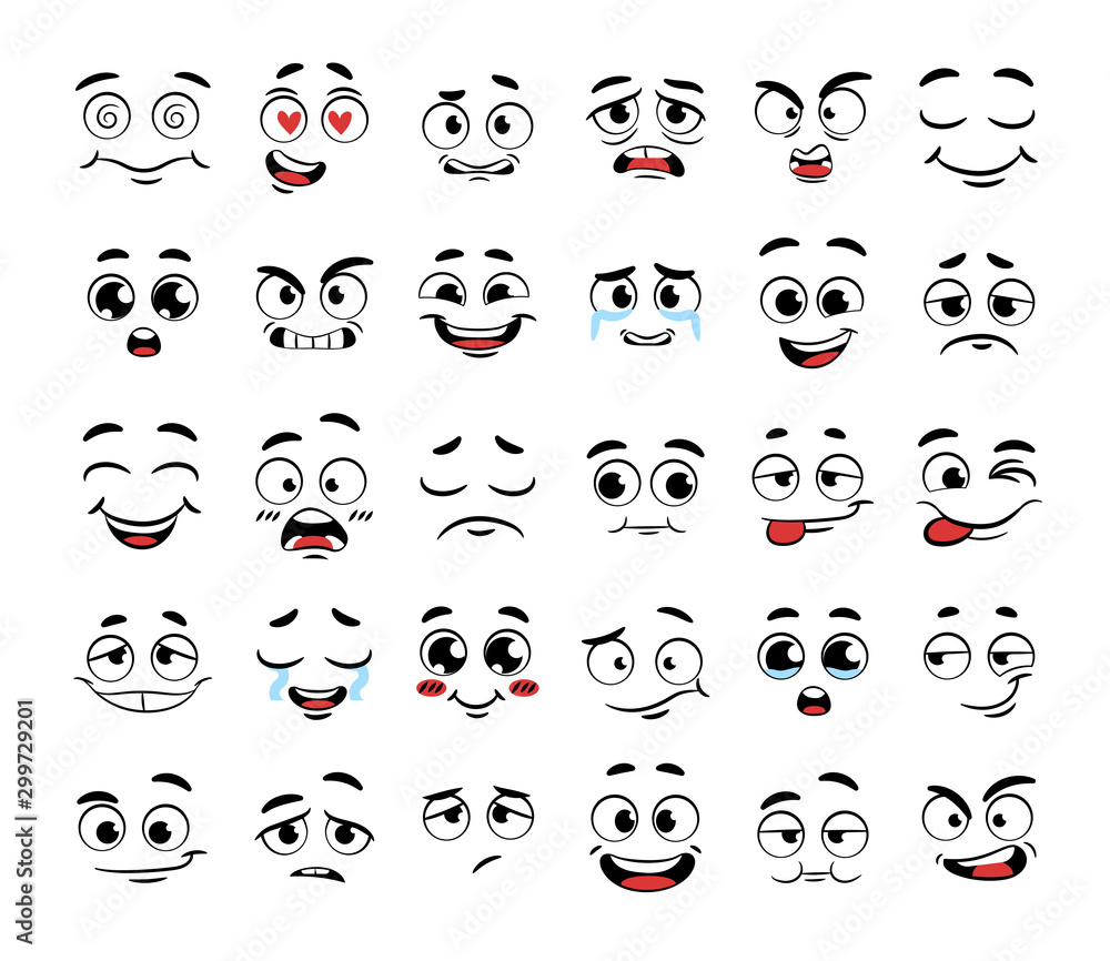 Set of funny cartoon faces. Caricature comic emotions. Doodle style ...