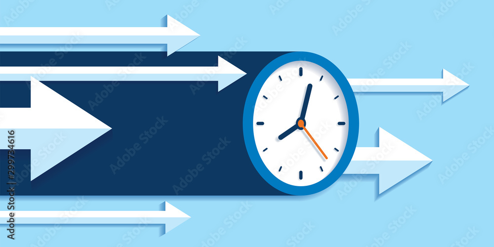 Time forward. Fast decision. 3D clock icon, right arrow, timer on a ...