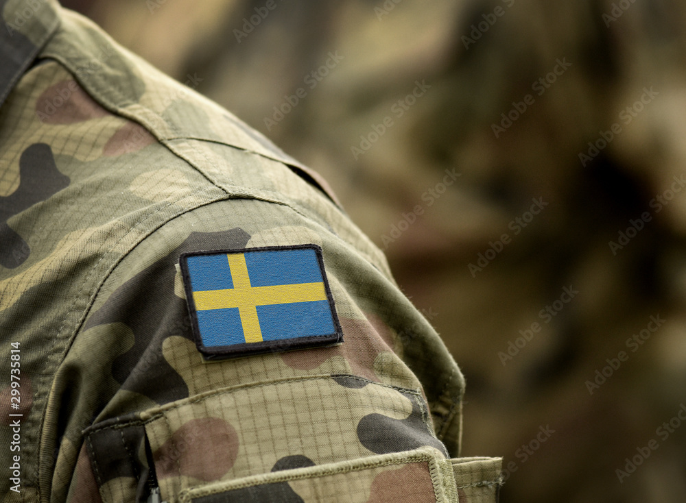 Flag of Sweden on military uniform. Army, troops, soldiers. Collage ...