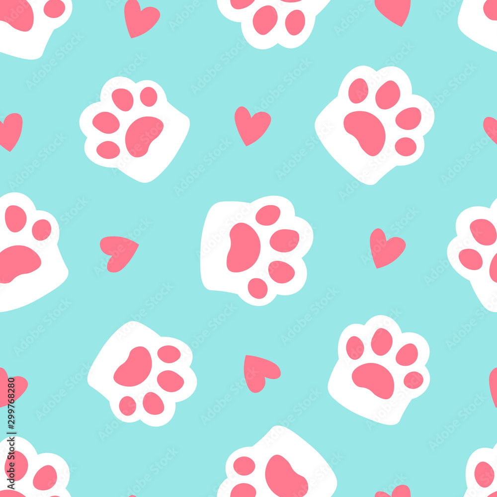 Paw seamless pattern footprint and heart. cute cat paw on blue ...
