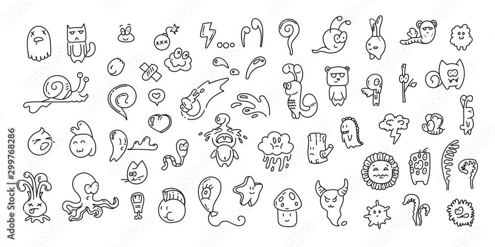 Cute line monsters. Cartoon clip art with group of hand drawn fantasy ...
