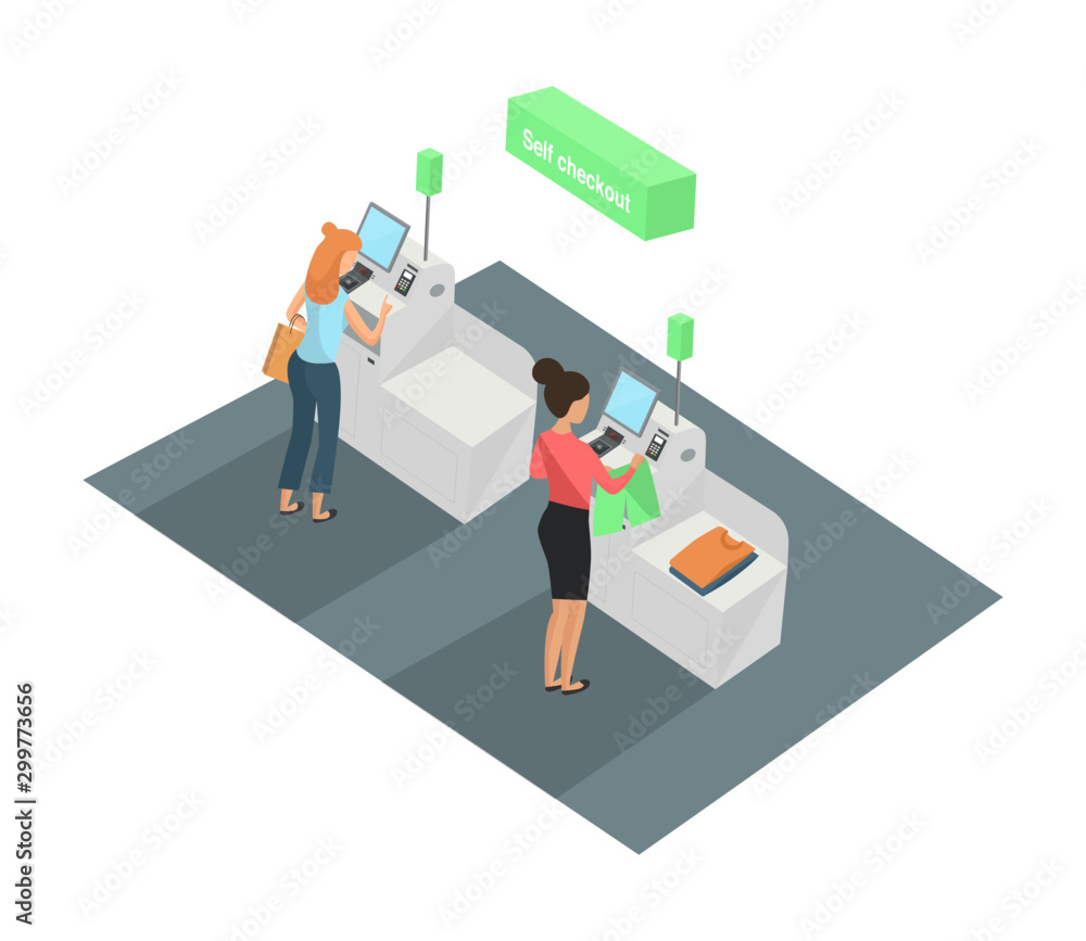 Isometric model of Self-service cashier or terminal zone. Two women are ...