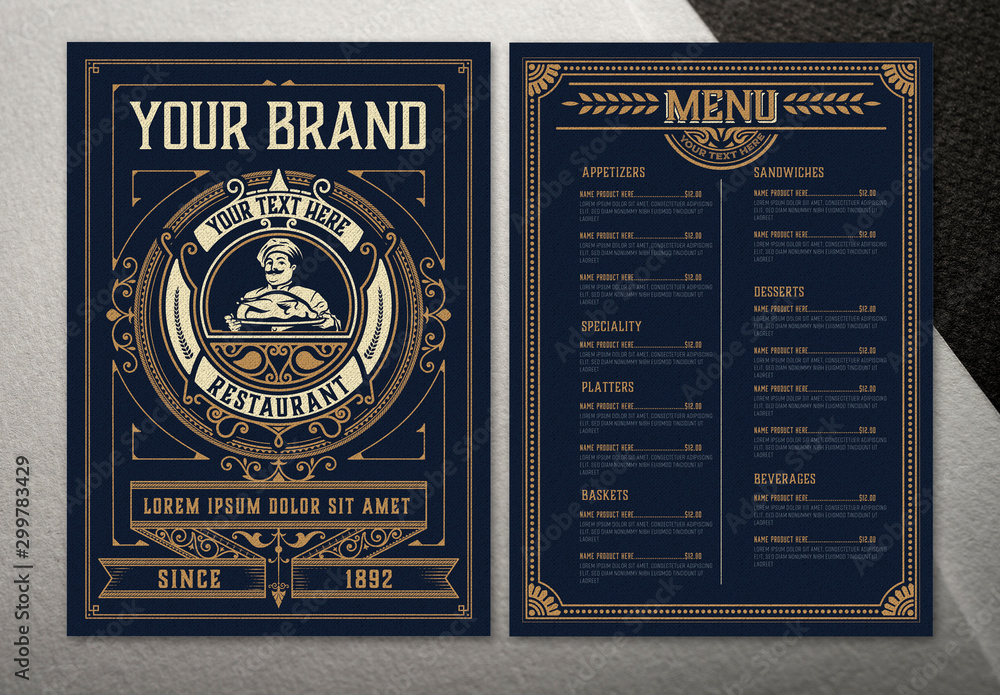 Dark Blue Restaurant Menu Layout with Ornamental Elements Stock ...