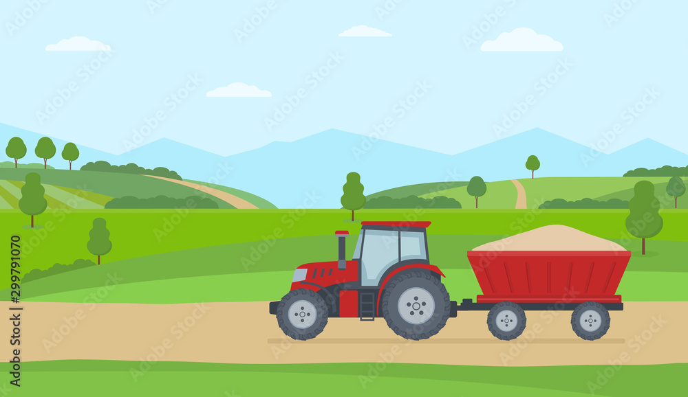 Red tractor with trailer on rural landscape background. Flat style ...
