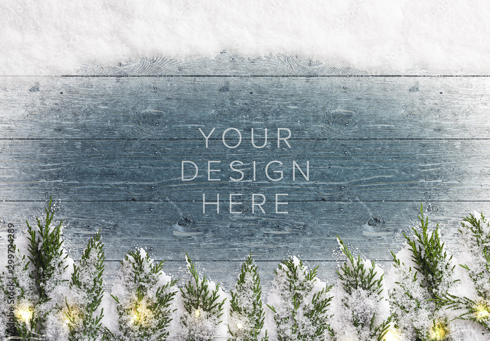 Winter Mockup Scene with Snow, Fir Tree Branches, and Lights Stock ...