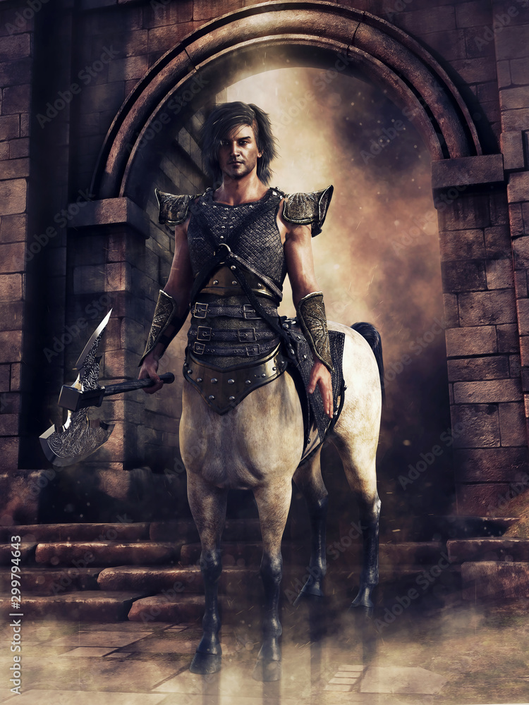 Fantasy centaur warrior standing with a battle axe in front of a castle ...