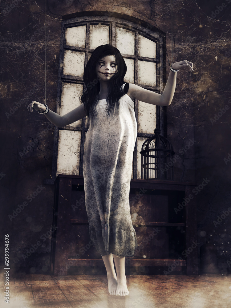 Ghost of a little girl appearing in an old abandoned house at night. 3D ...