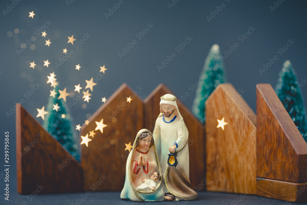 Christmas nativity scene of born child baby Jesus Christ in the manger ...
