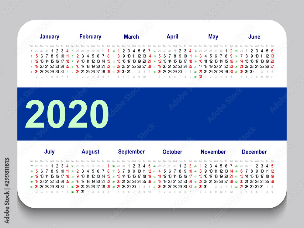 2020 pocket calendar. Template calendar grid. Horizontal orientation ...