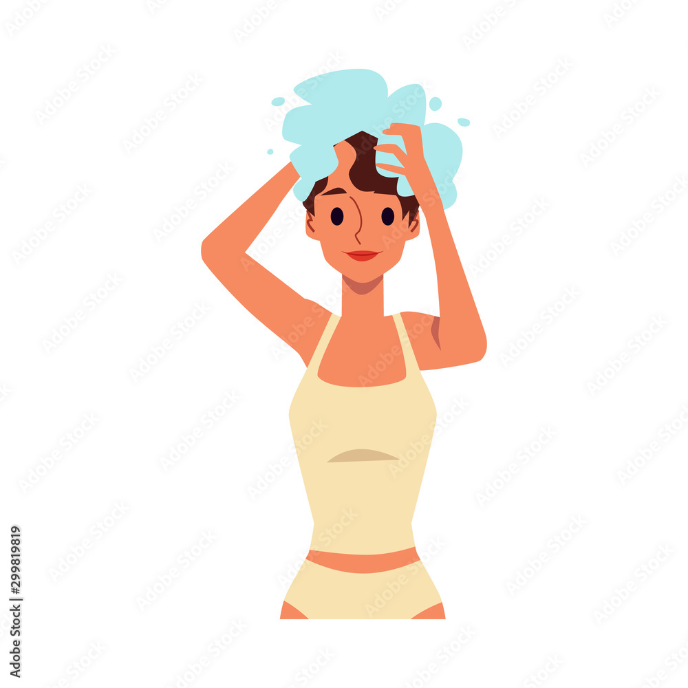 Cartoon woman washing her hair with shampoo - isolated flat vector ...