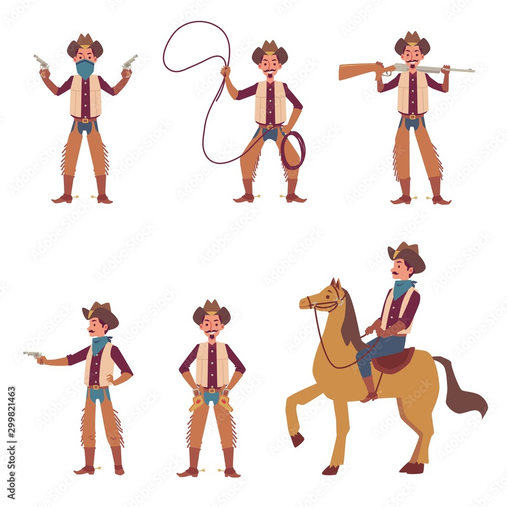 Cartoon cowboy set - riding a horse, pointing a gun and throwing lasso ...
