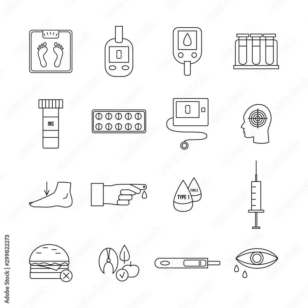 Diabetes icon set - flat black and white line symbols of diabetic ...