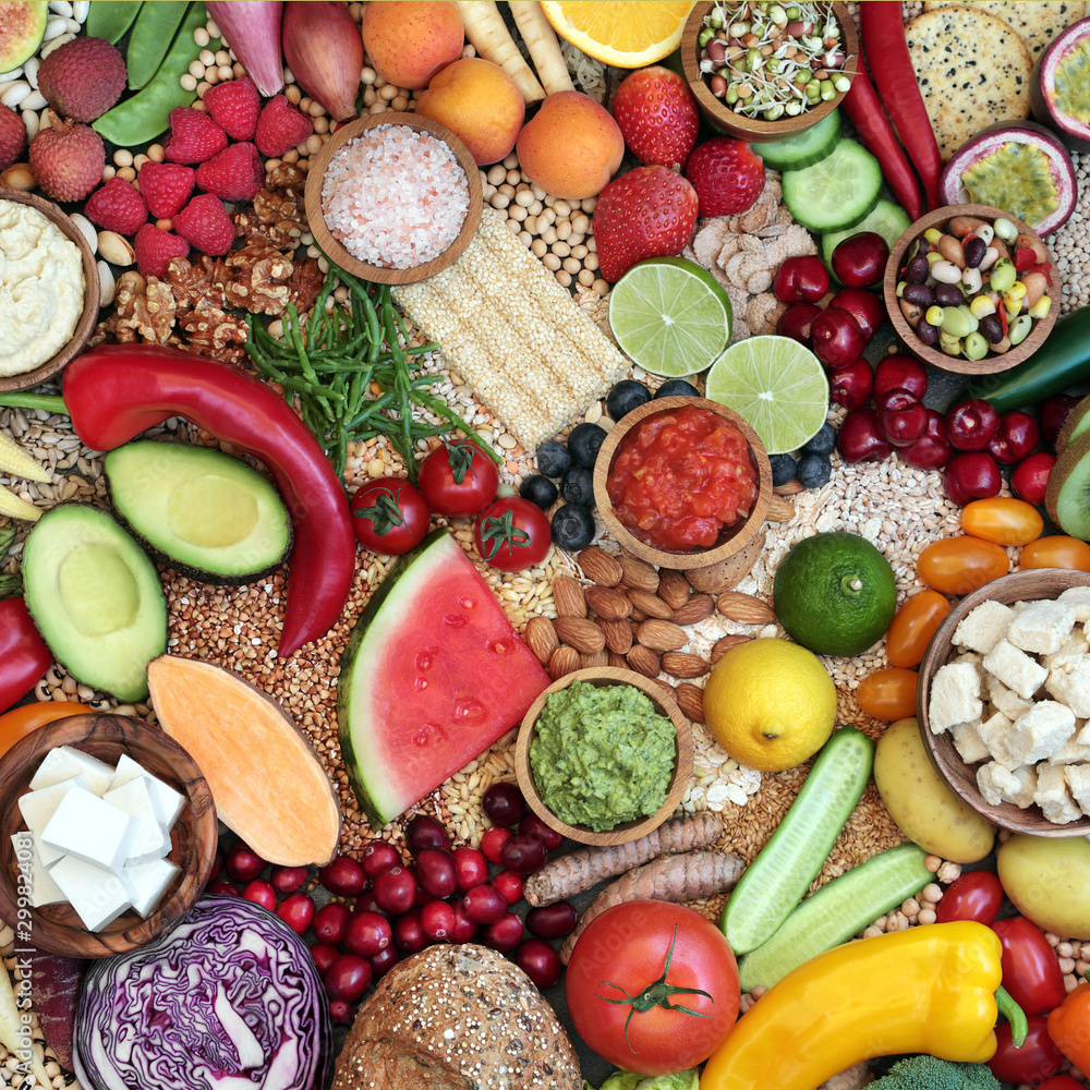 Vegan health food background with super foods high in protein, vitamins ...