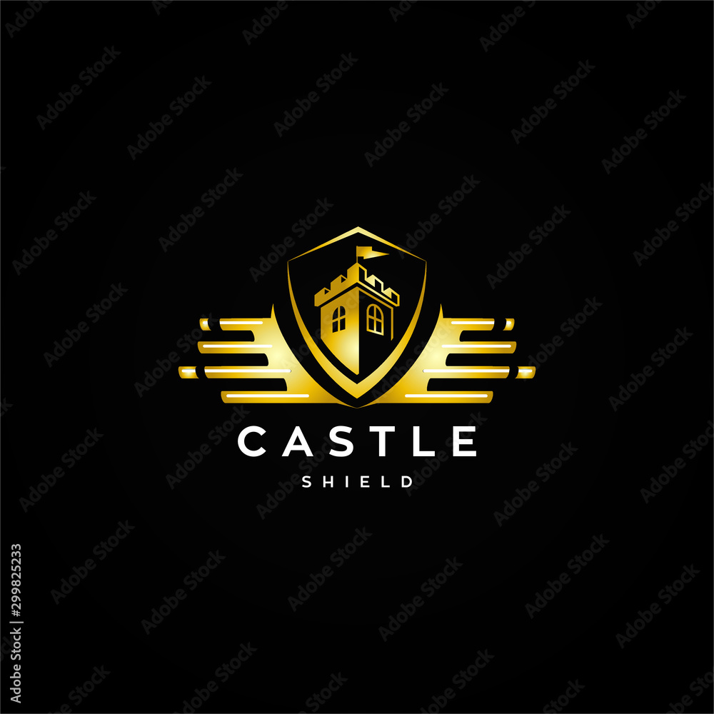 Shield castle logo vector symbol Gold badge Stock Vector | Adobe Stock