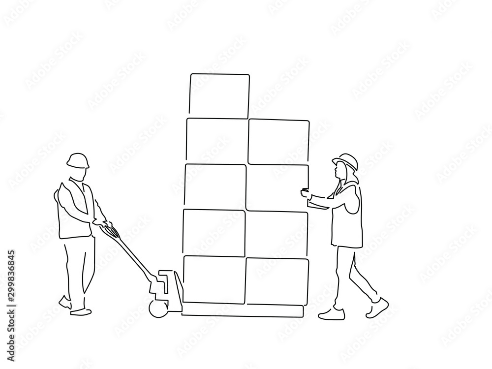 Warehouse workers isolated line drawing, vector illustration design ...