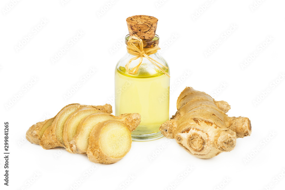 Glass bottle of essential ginger oil, ginger root and powder isolated ...