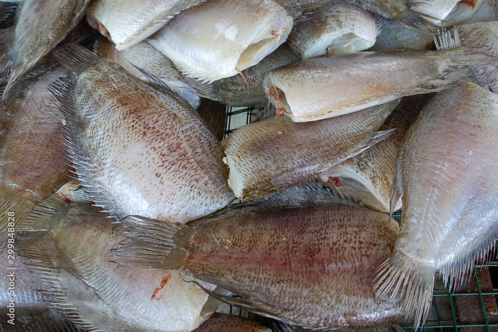 Gourami fish are processed by beheading and then dried in the sun ...