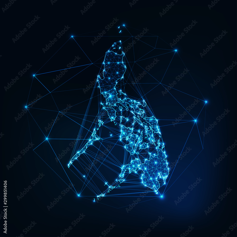 Philippines map glowing silhouette outline made of stars lines dots ...