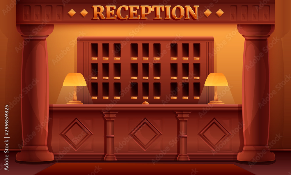 Cartoon reception interior of a vintage old hotel, vector illustration ...