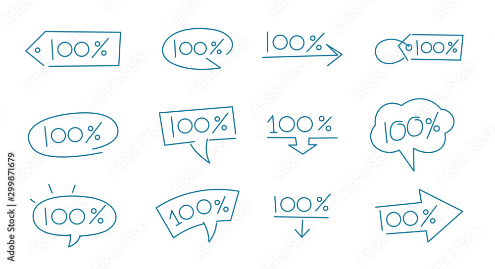 One hundred percent icon set. Blue colour line bubble. 100 percent ...